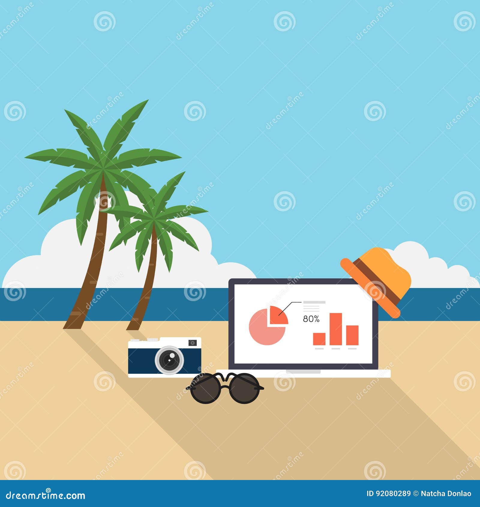 Remote Working on the Beach Concept Flat Design Stock Vector ...