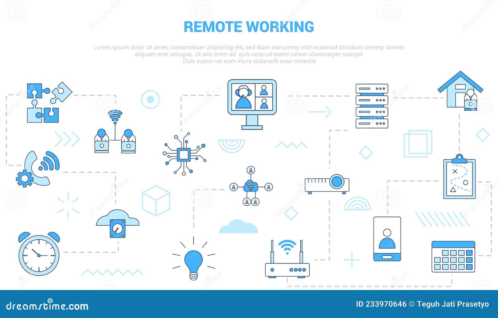Remote Working Concept with Icon Set Template Banner with Modern Blue ...