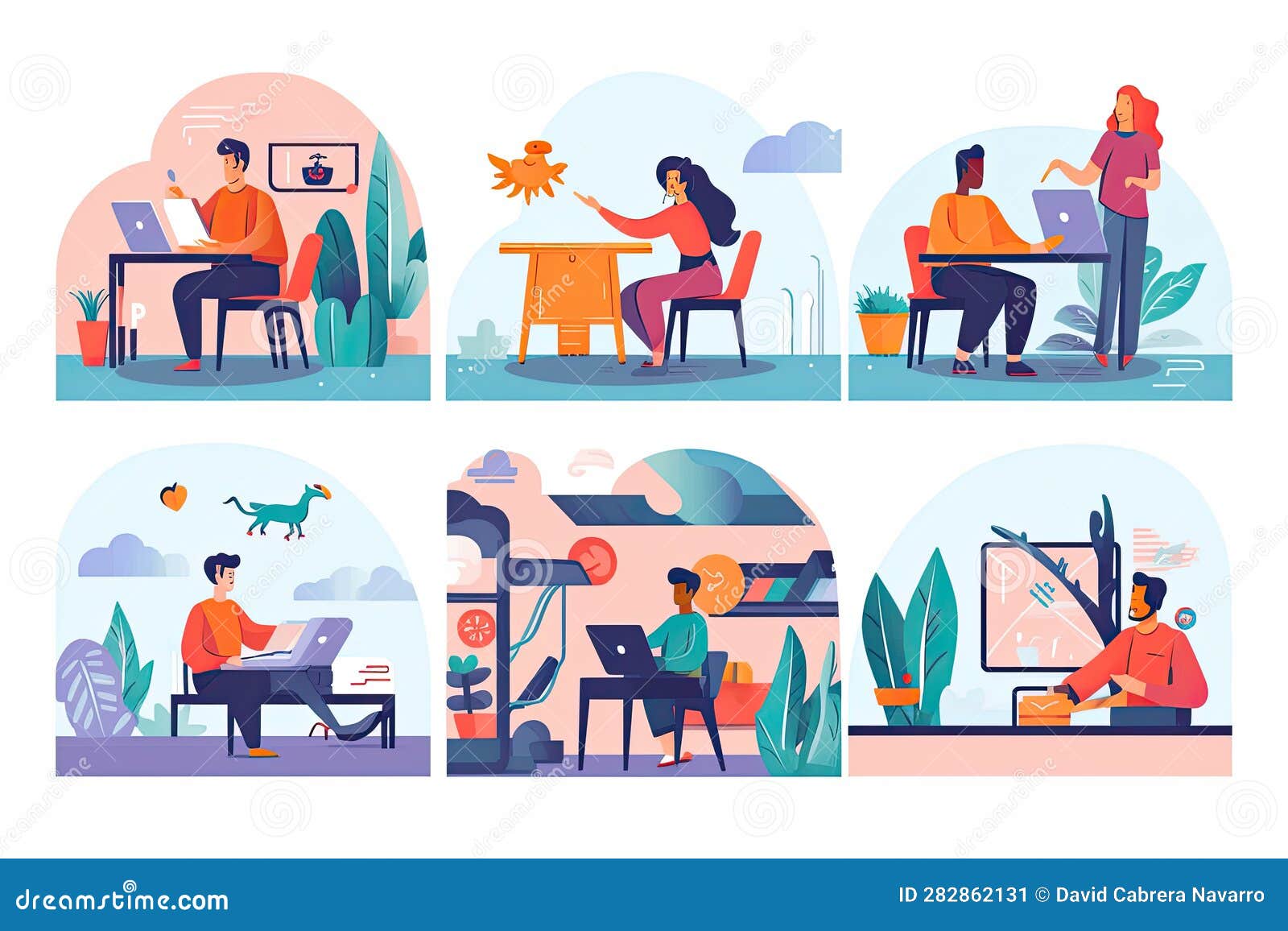 Remote Working Concept Set. Telework and Global Outsourcing, Employee ...