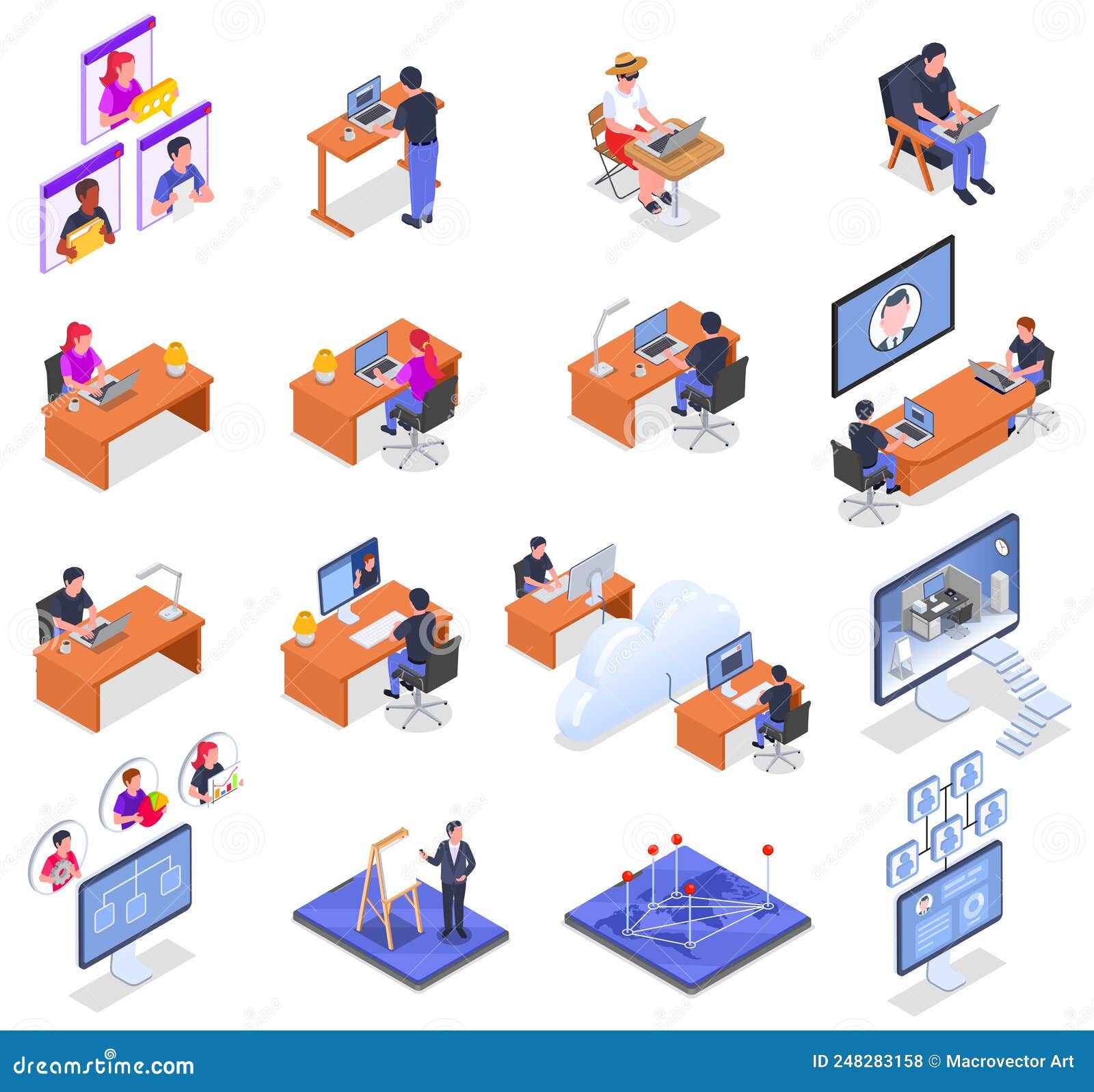Remote Working Icons Set stock vector. Illustration of desk - 248283158