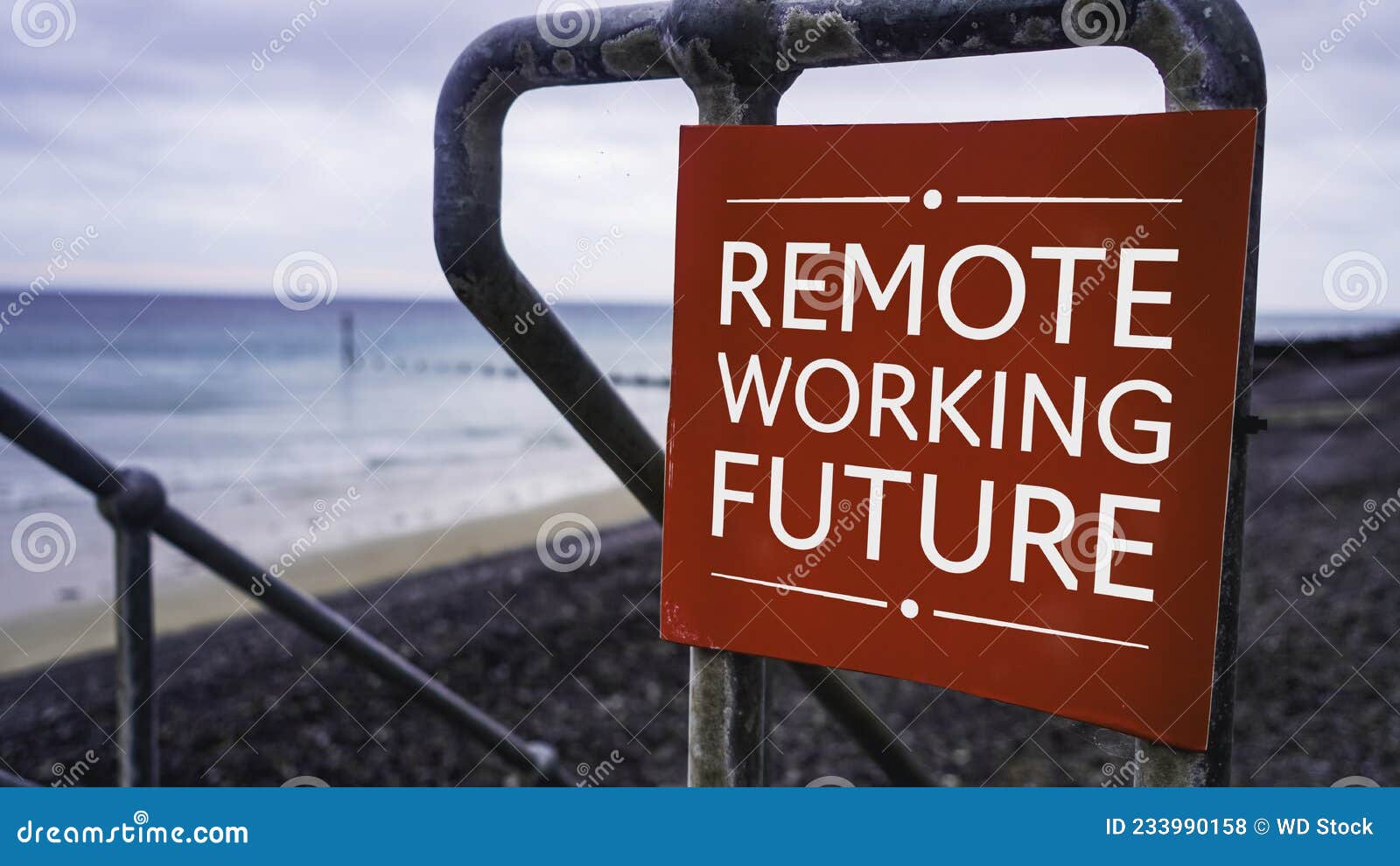 Remote Working Sign in a Beach Setting Stock Photo - Image of message ...