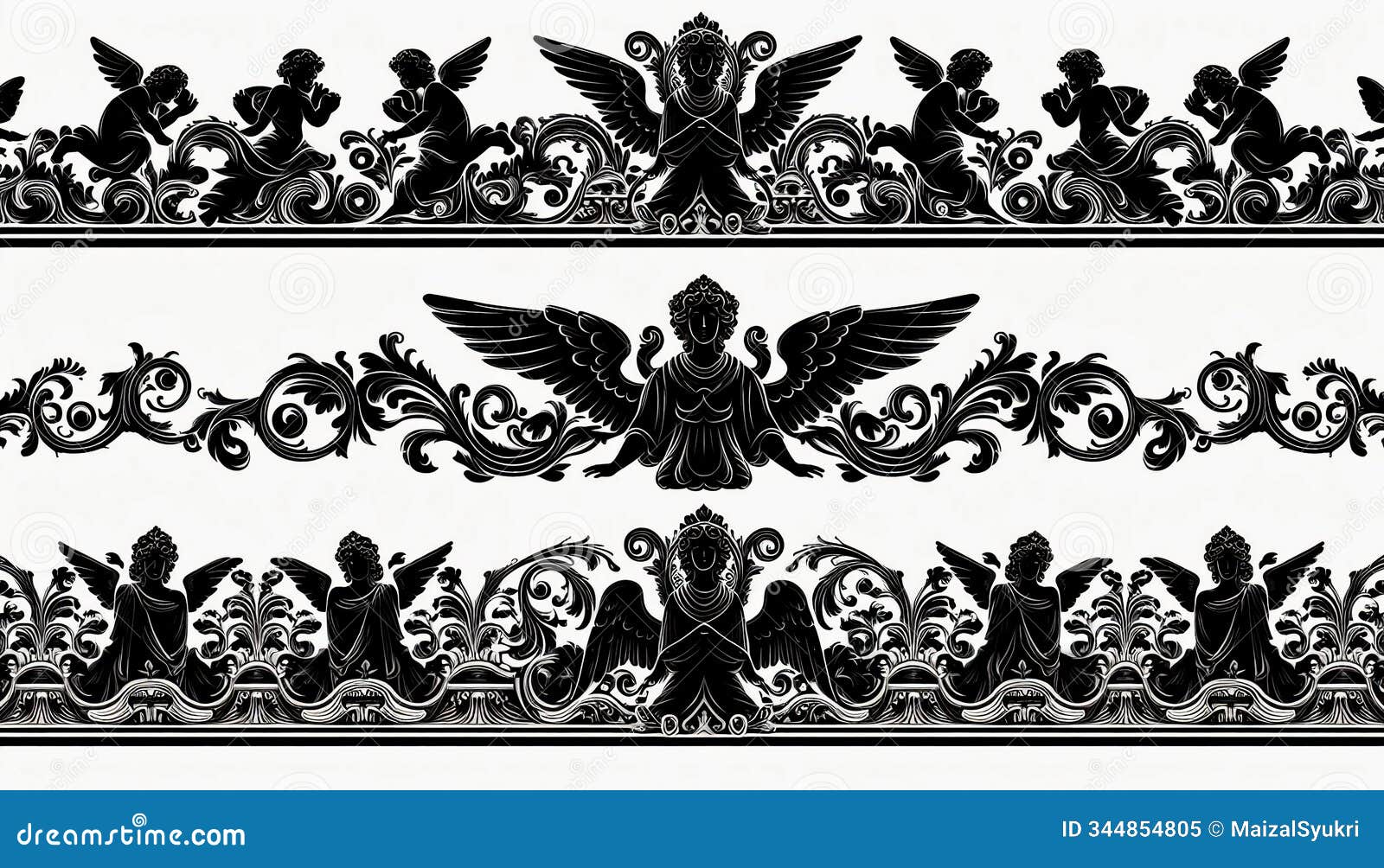 Renaissance Angel and Scroll Border Silhouette Ornament Stock Vector ...