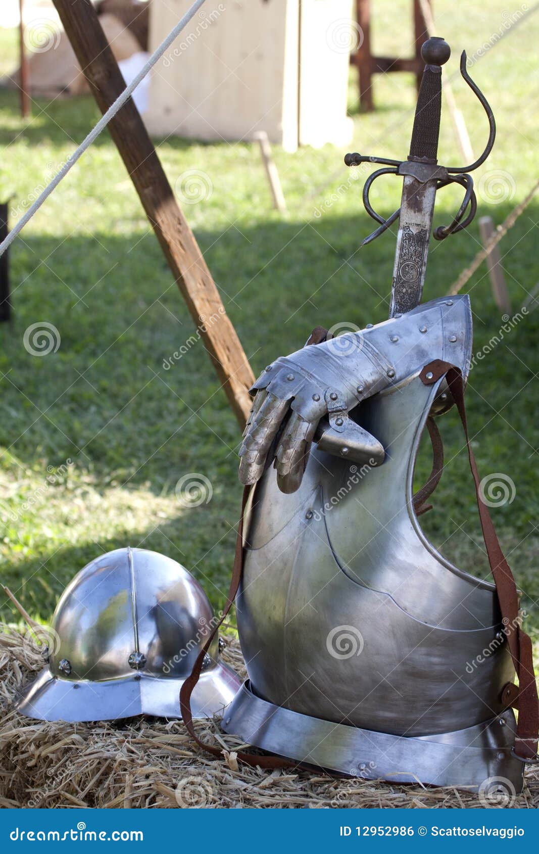 Renaissance Weapons and Armors in the Grass Lawn. Stock Photo - Image ...
