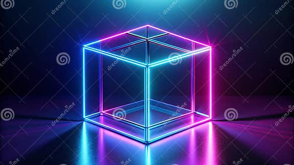 Render with Blue Purple Neon Cube with Reflection Generative by AI ...