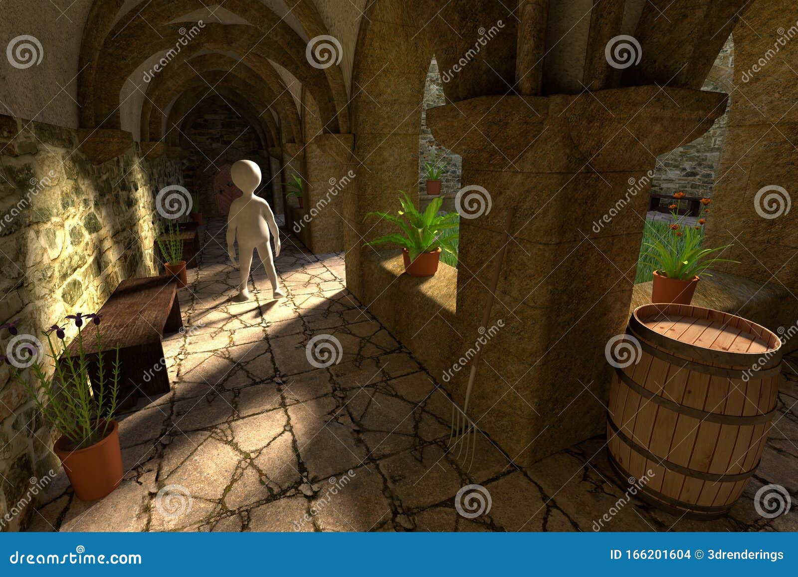 Render of Cartoon Character in Monastery Stock Illustration ...