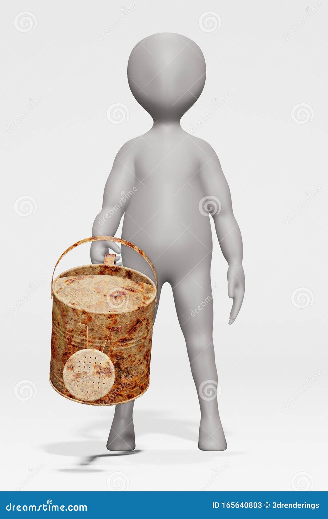 Render of Cartoon Character with Rusty Watering Can Stock Illustration ...