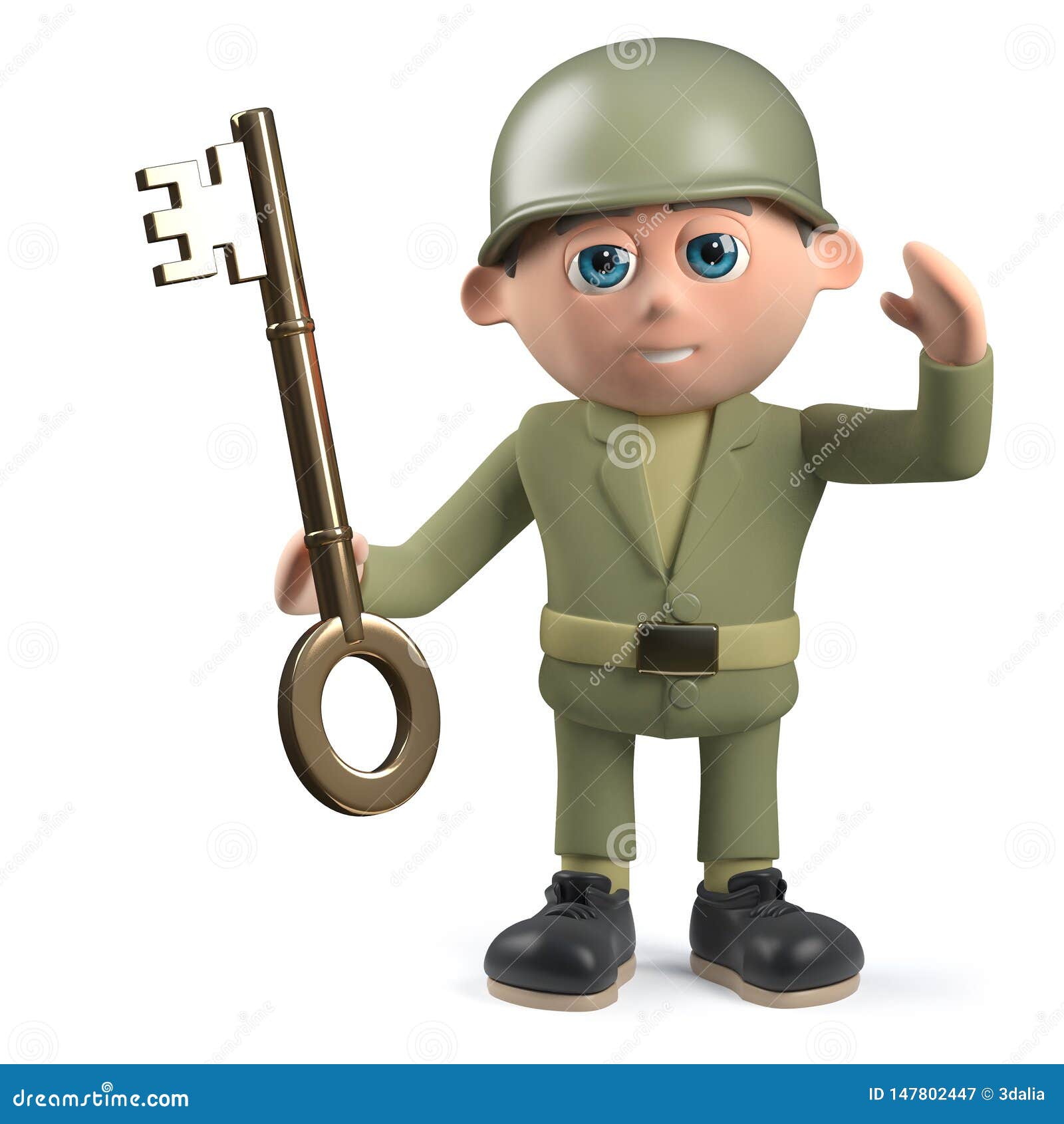 3d Army Soldier Character Holding a Gold Key Stock Illustration ...