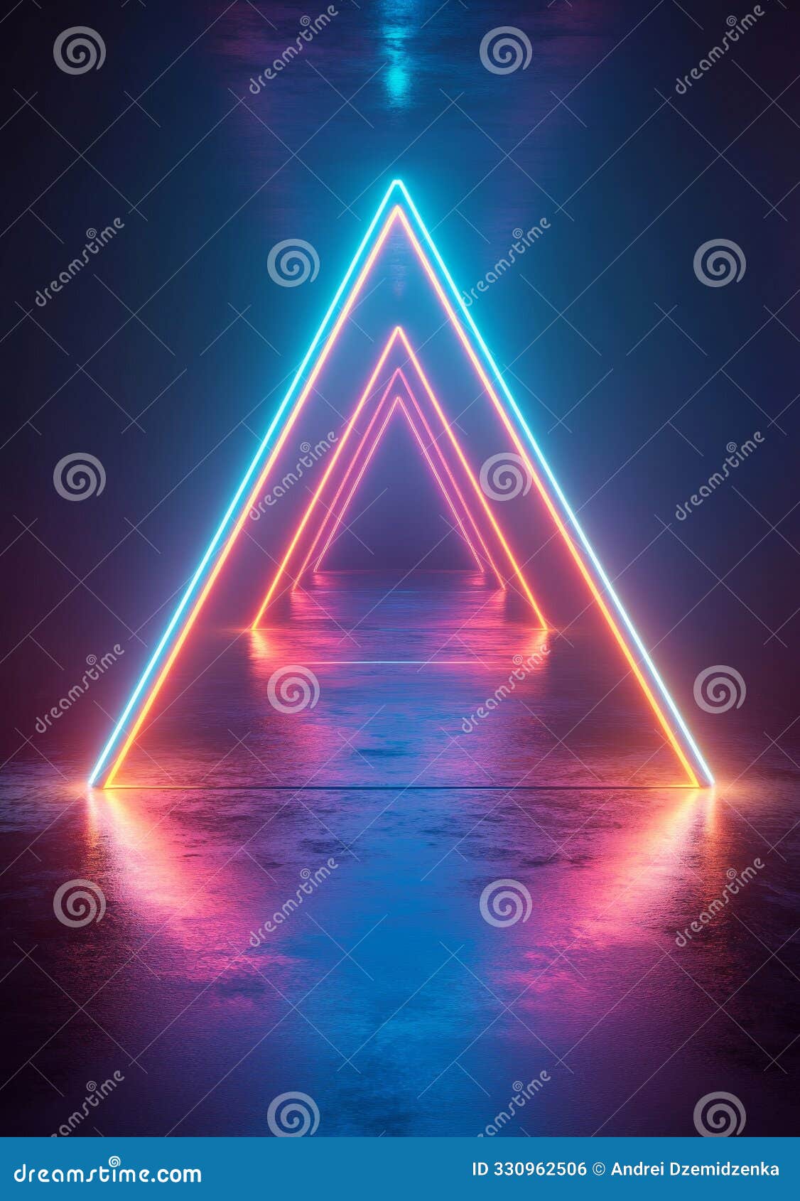 Render in 3D with Neon Lights and Triangle Tunnels on an Abstract ...