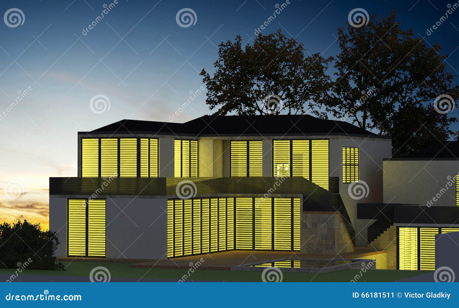 Render Evening House stock illustration. Illustration of lighting ...