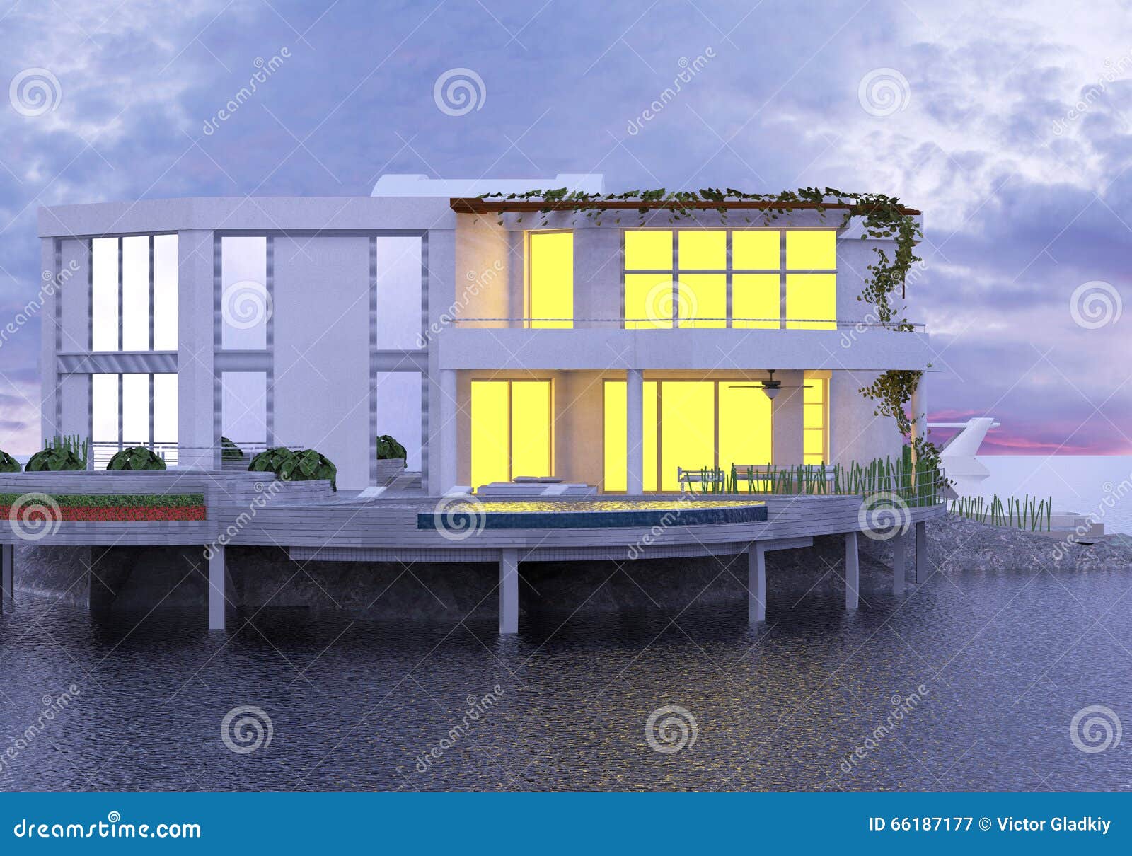 Render Evening House stock illustration. Illustration of lighting ...