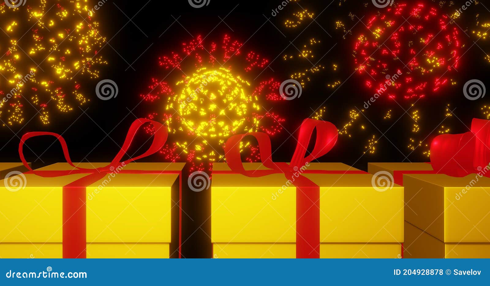 Render with Gift Boxes on Fireworks Background Stock Illustration ...