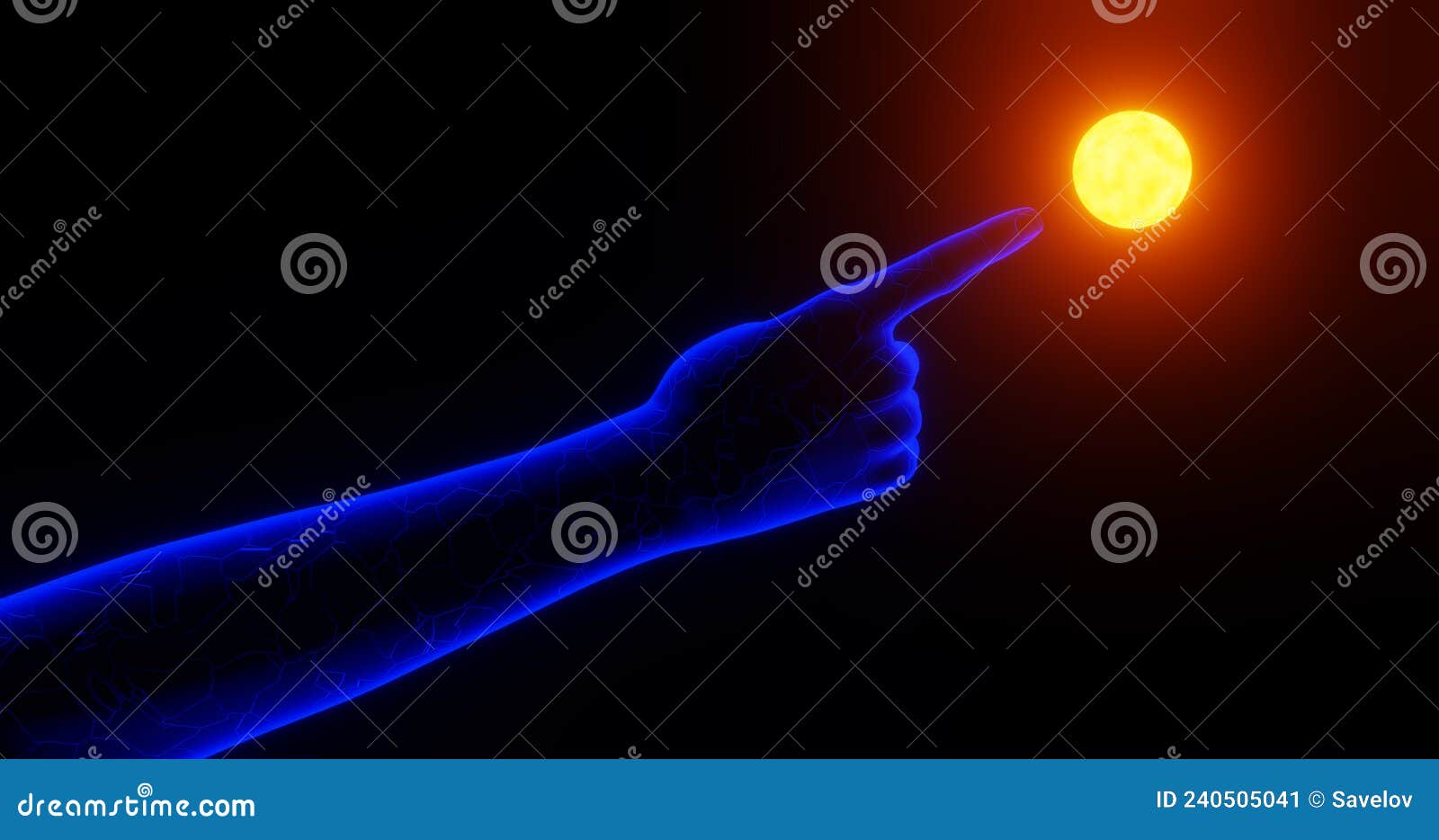Render with Glowing Blue Hand Pointing at the Sun Stock Illustration ...
