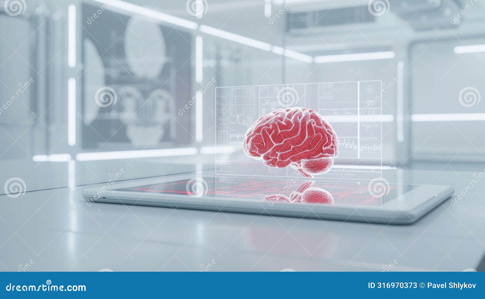 Render of Holographic Digital Style Human Brain Above Tablet Computer ...