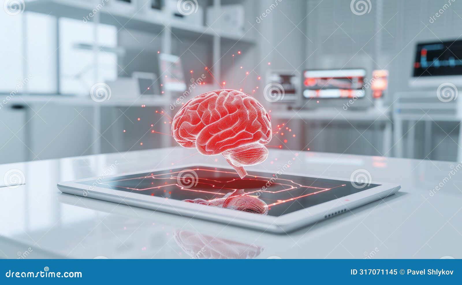 Render of Holographic Digital Style Human Brain Above Tablet Computer ...