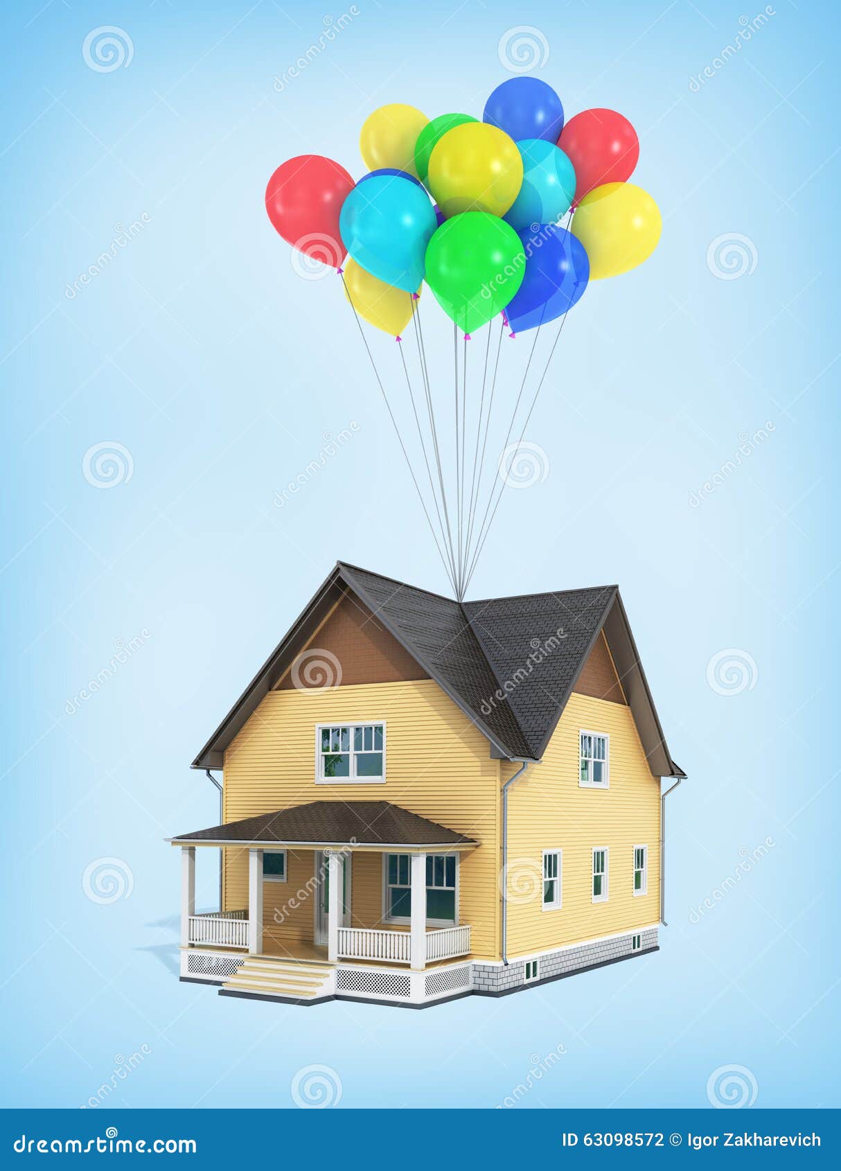 Render of House Flying in the Balloons Stock Illustration ...