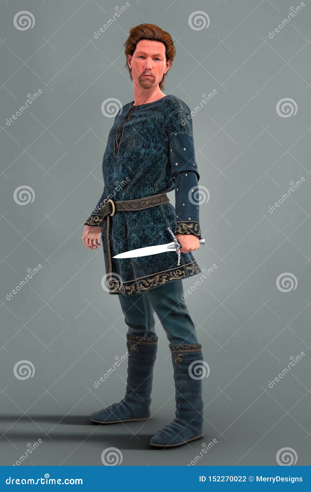 CGI Assertive Strong Medieval Man Holding a Dagger and Looking To the ...