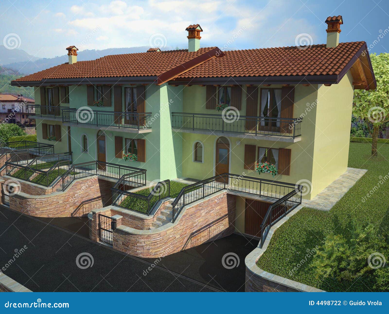 Render of terraced houses stock illustration. Illustration of wireframe ...