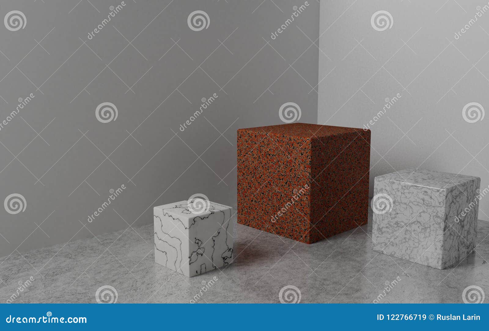 Render of Three Stone Cubes in a Light Studio. Marble and Granite Stock ...