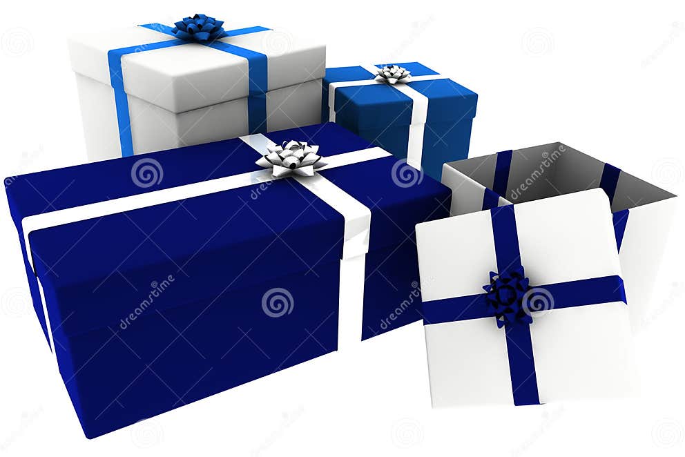 Rendered Blue and White Presents with Open Box Stock Illustration ...