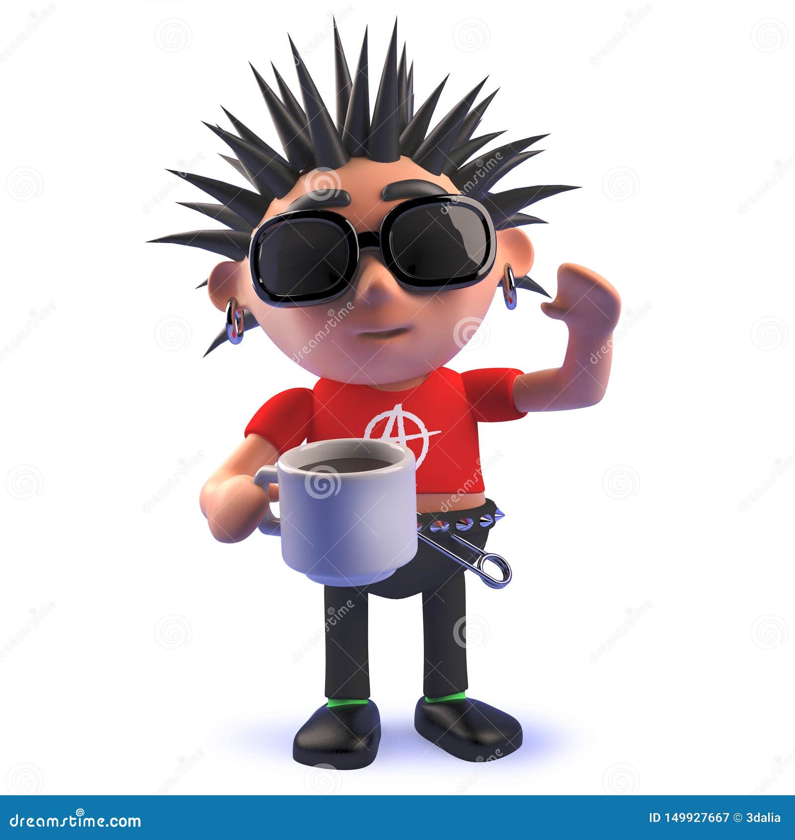 Cartoon Punk Rocker 3d Character Drinking A Cup Of Coffee Stock