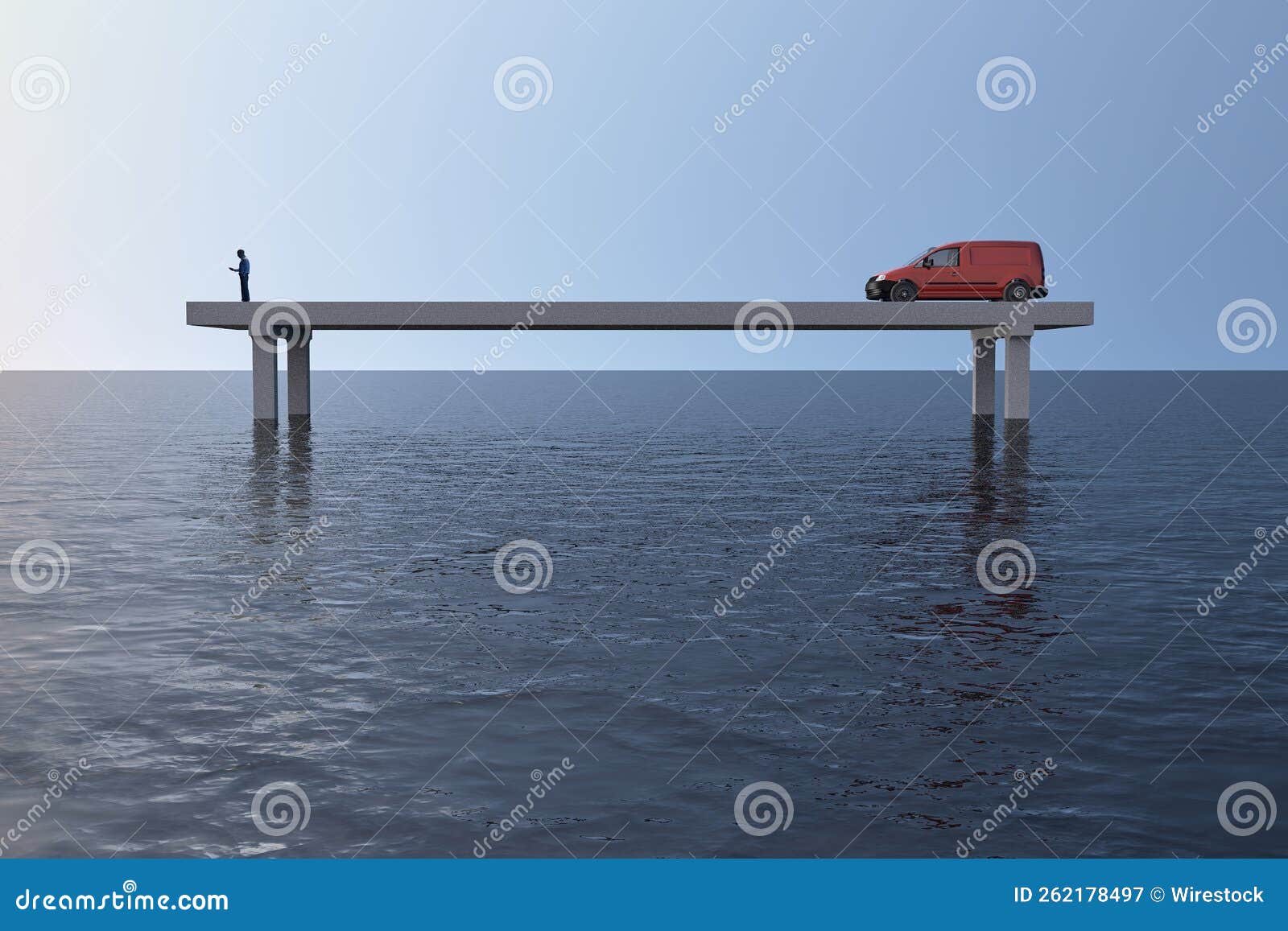 Rendered Image of a Red Car on a Dead-end Bridge in the Middle of the ...
