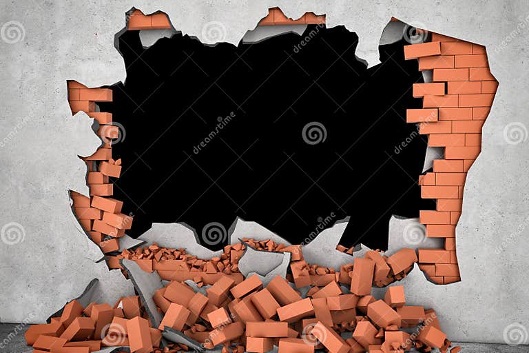 Rendering Broken Wall with Black Hole and Pile of Rusty Red Bricks ...