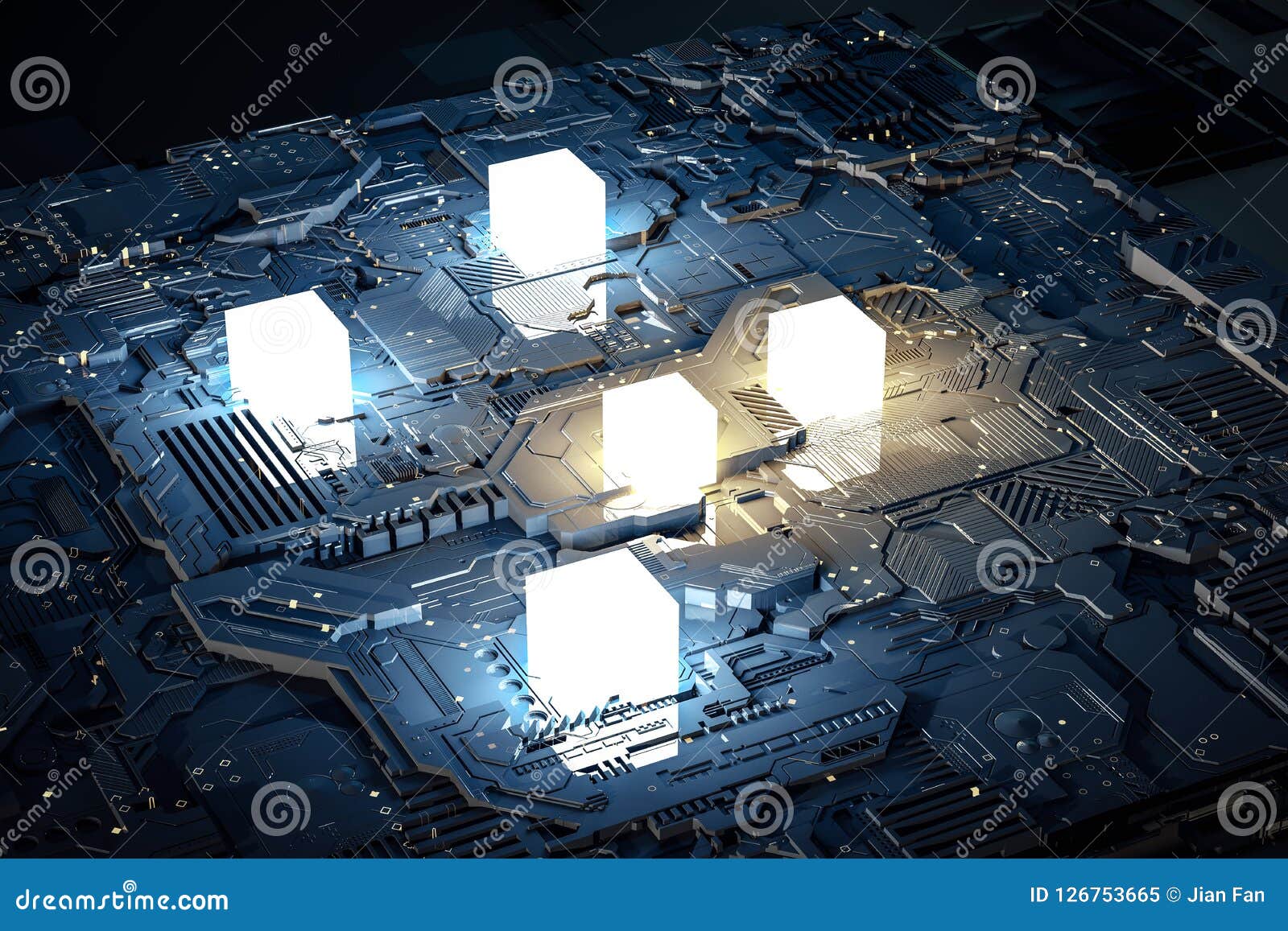 3d Rendering, Circuit Board and Gold Glow Chip Stock Illustration ...