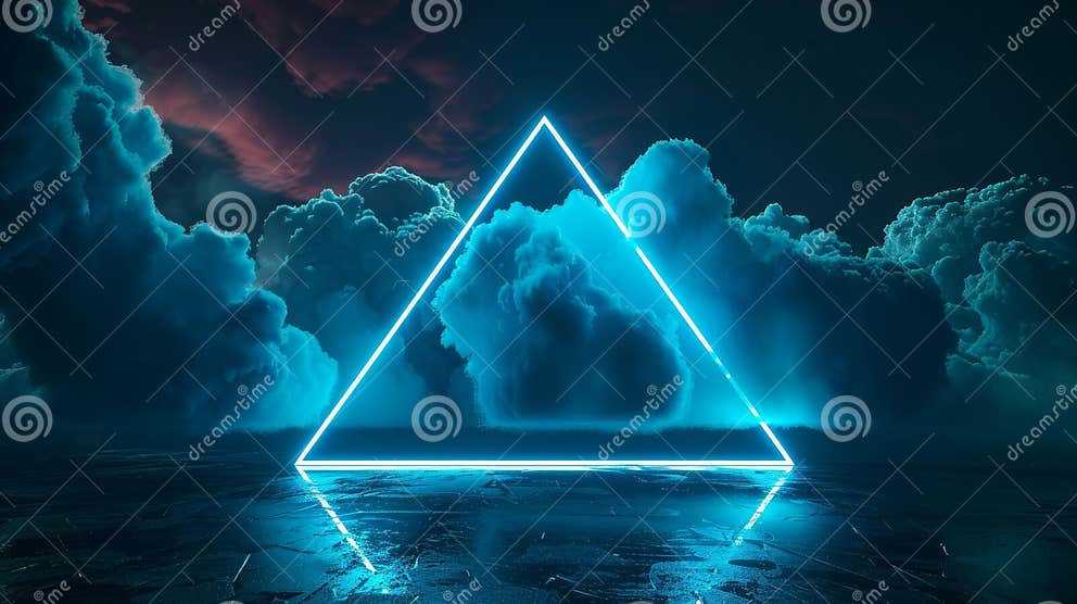 Rendering of 3D Futuristic Background with Neon Triangles and Storm ...