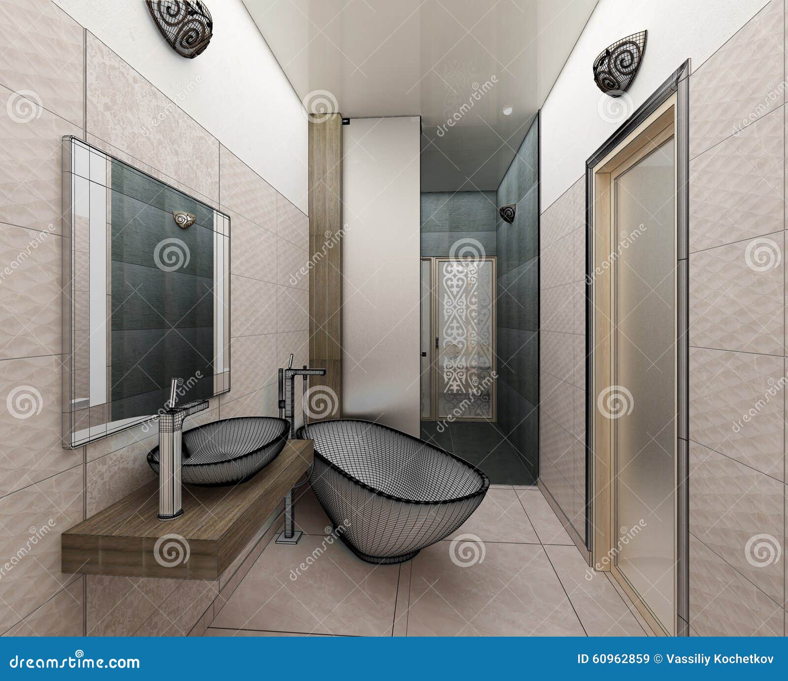 Rendering 3D of a Modern Bathroom Interior Design Stock Illustration ...