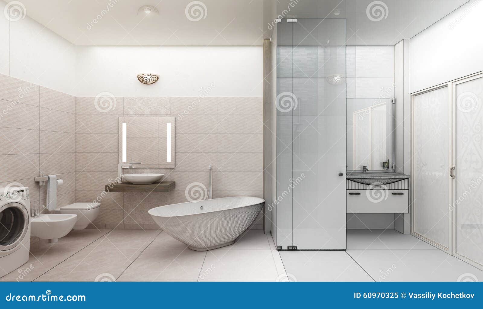 Rendering 3D of a Modern Bathroom Interior Design Stock Illustration ...