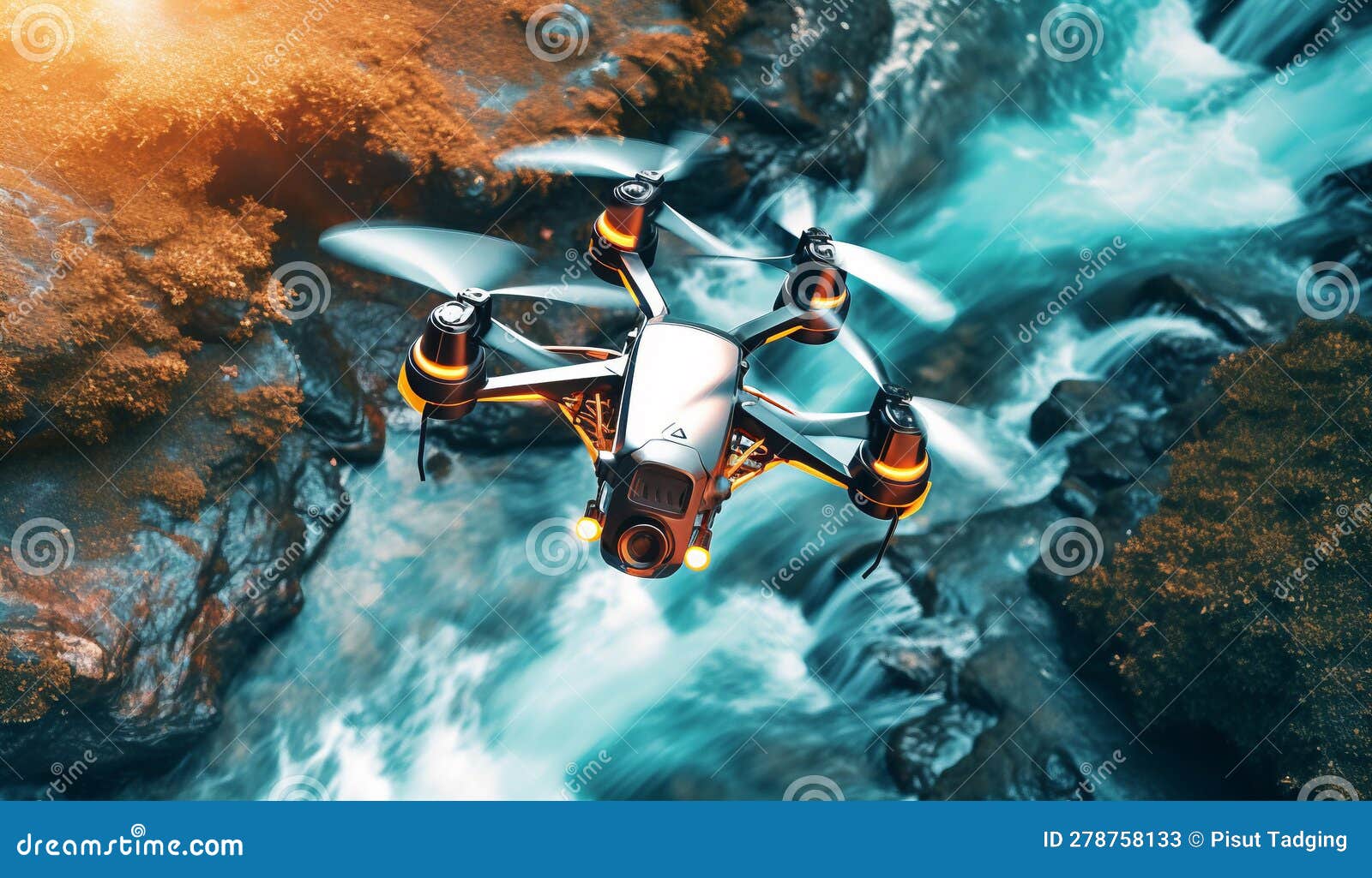 Drone Flying Over the River with AI Generated. Stock Illustration ...