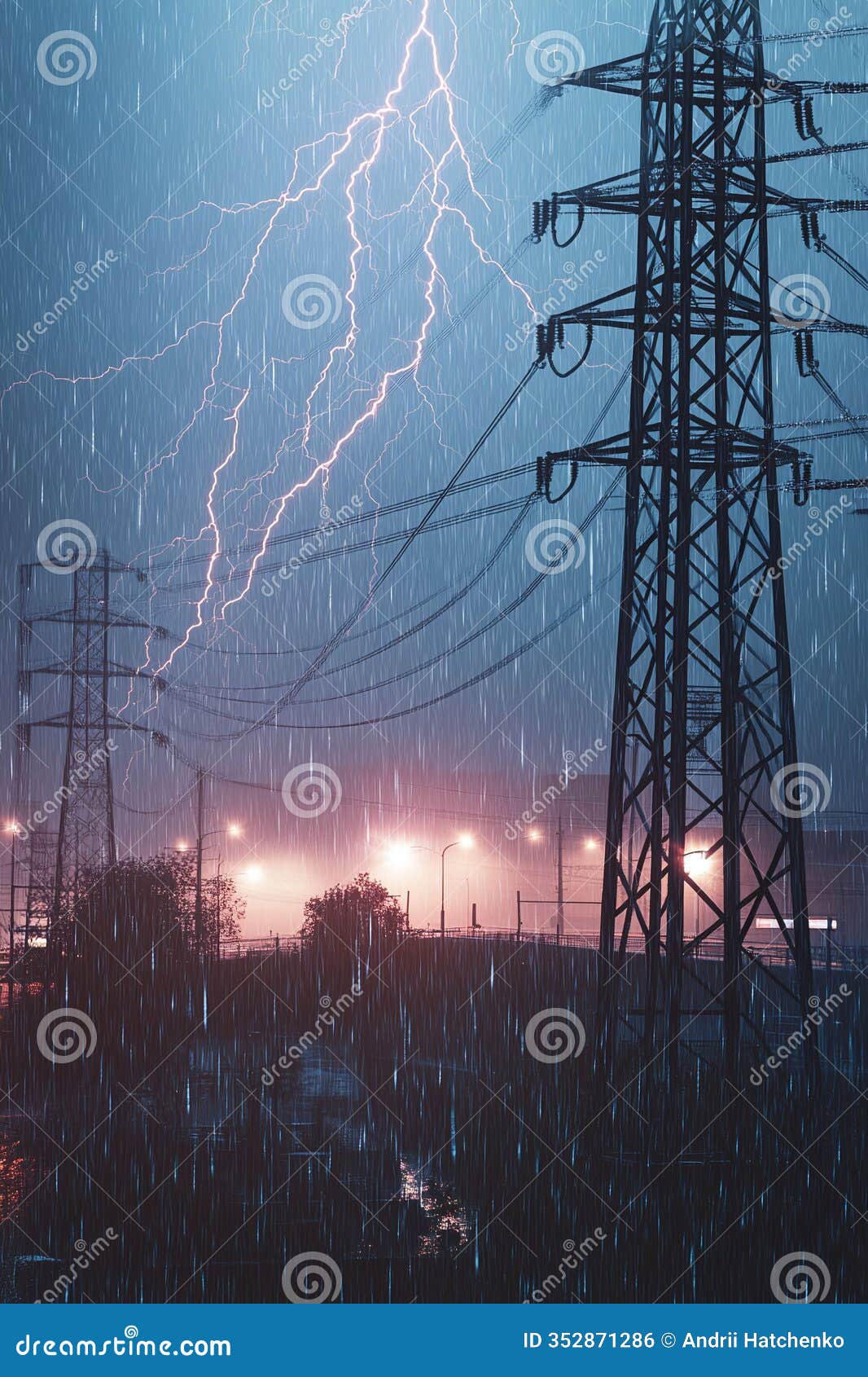 Rendering Of A High-voltage Power Pole Network During Heavy Rain With Lightning Protection ...