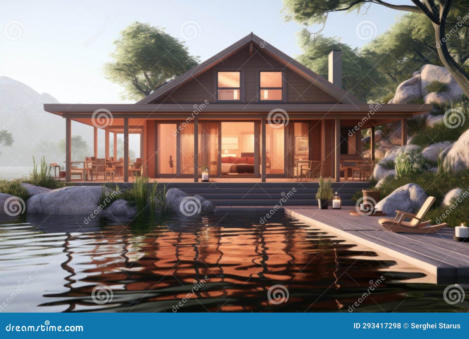 A Rendering of a House on a Lake. AI. Stock Photo - Image of porch ...