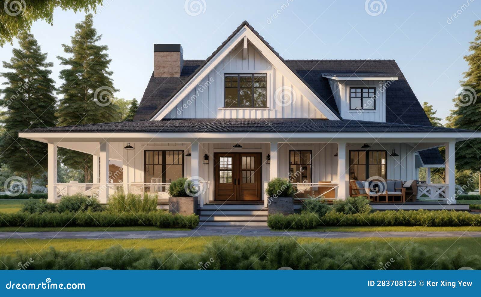 A Rendering of a House with a Porch and Covered Porch Stock ...