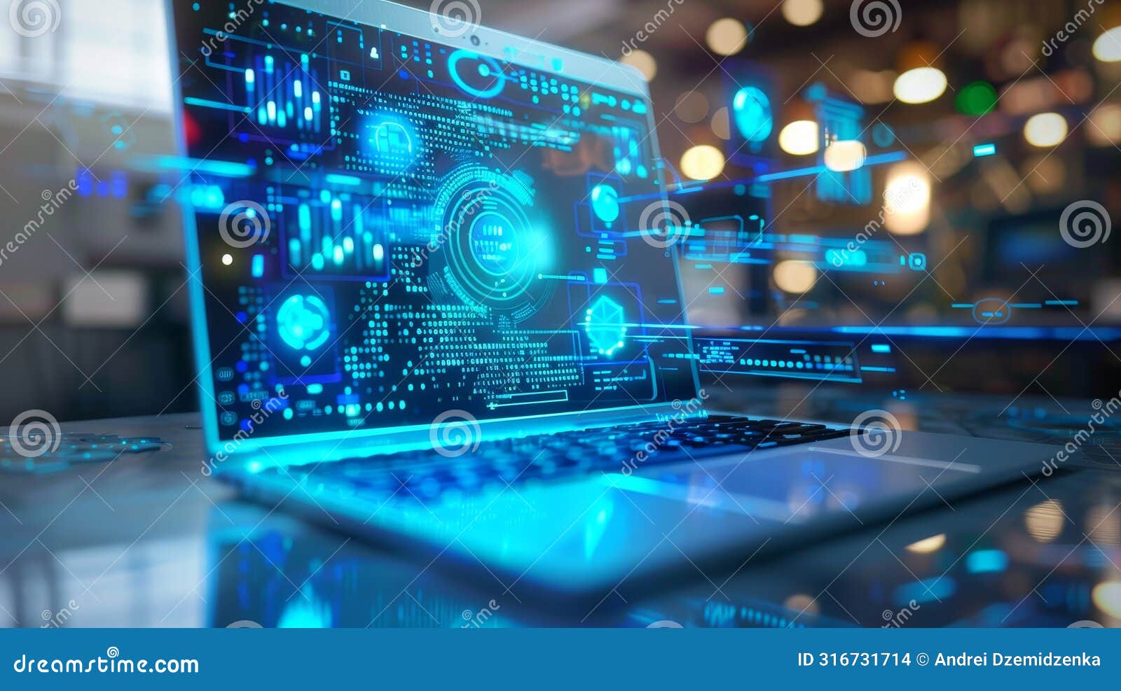Rendering of a Laptop with Blue Graphics in 3D Stock Illustration ...