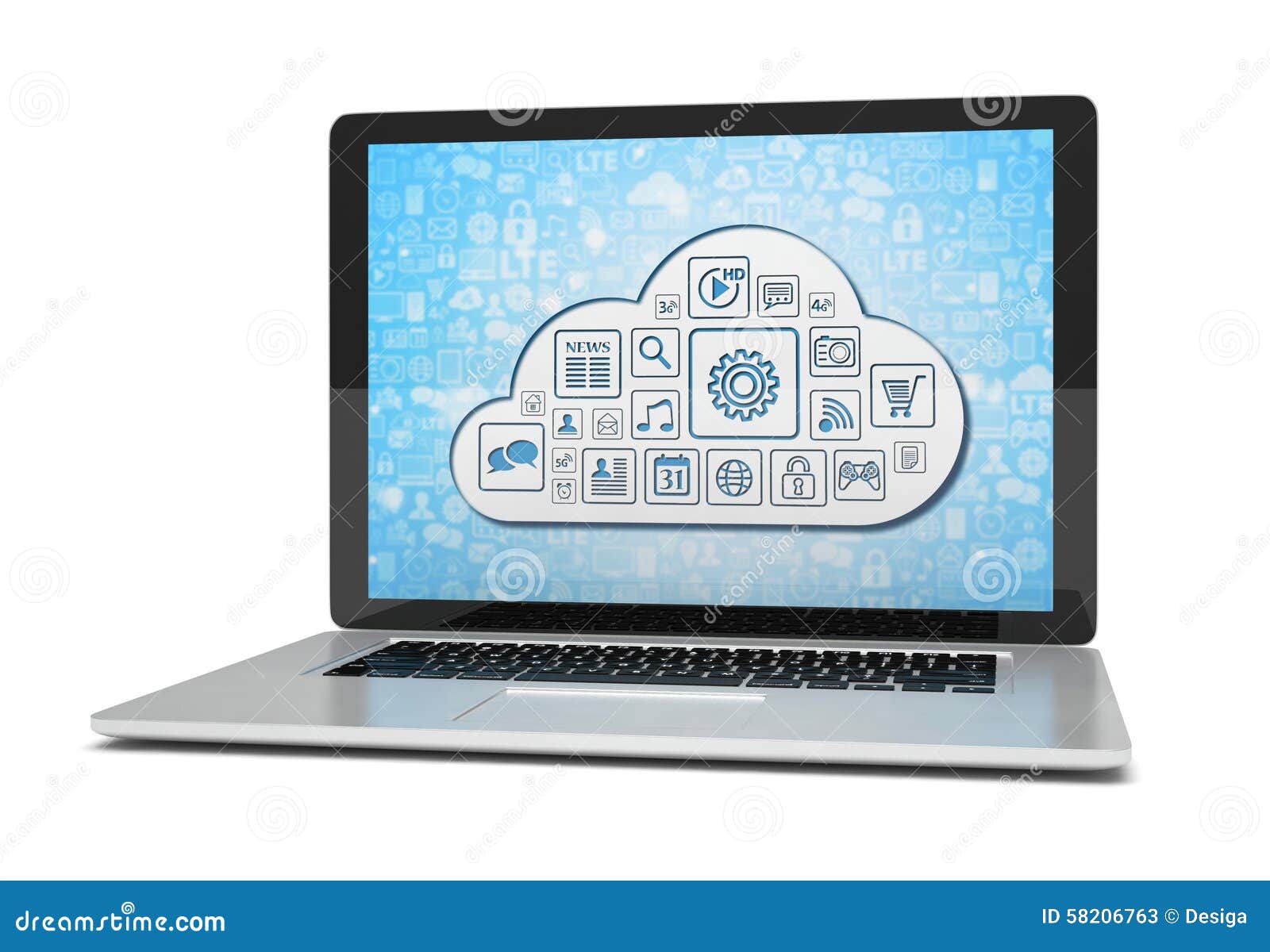 Rendering of a Laptop with Cloud Concept Stock Illustration ...