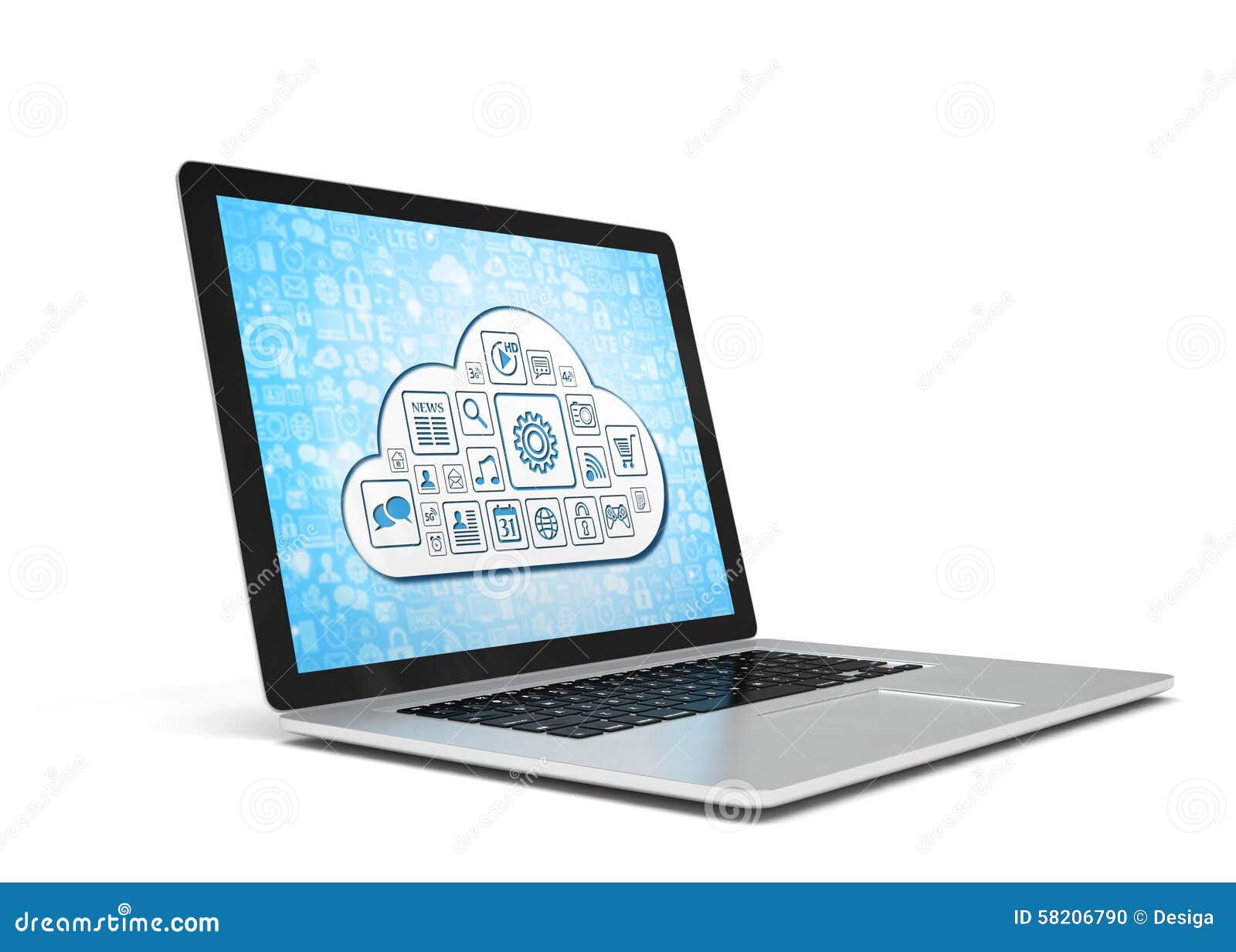 Rendering of a Laptop with Cloud Concept Stock Illustration ...