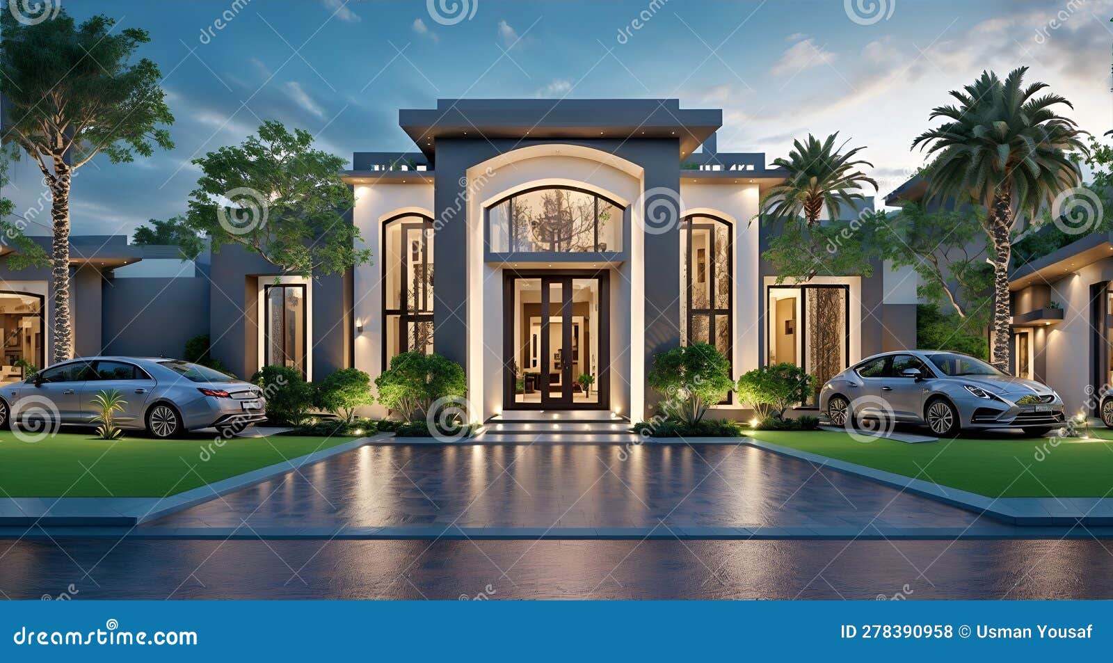 A Modern Luxury Villa with Two Parked Cars in Front Created with ...