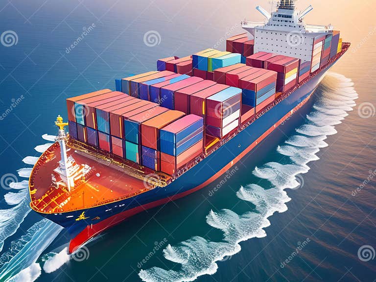 A Rendering of the Massive and Large Blue, Red Container Ship Around ...