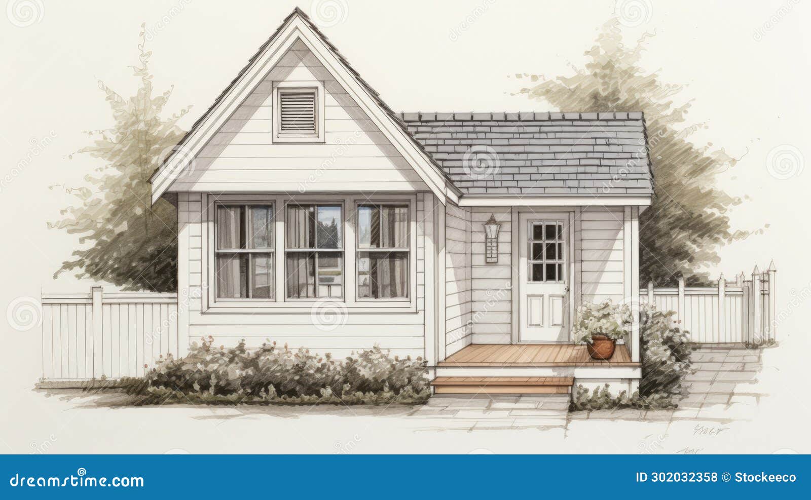 Artistic Rendering of Small House with Back Porch Stock Illustration ...