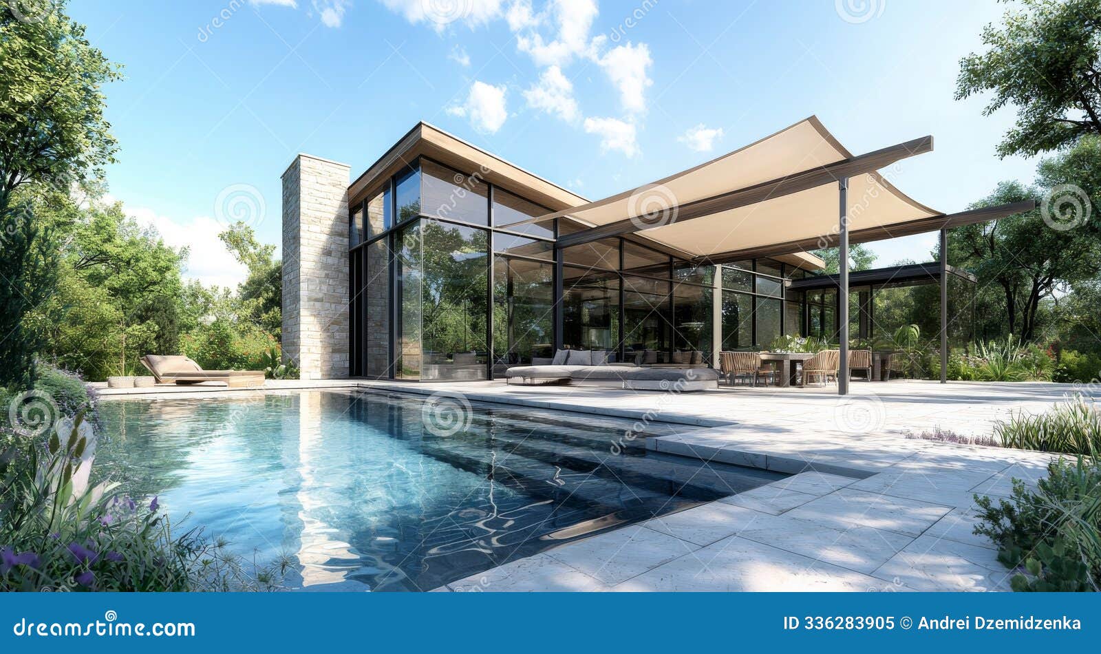 Rendering of a Modern Home Exterior with Pool and Patio Stock Image ...