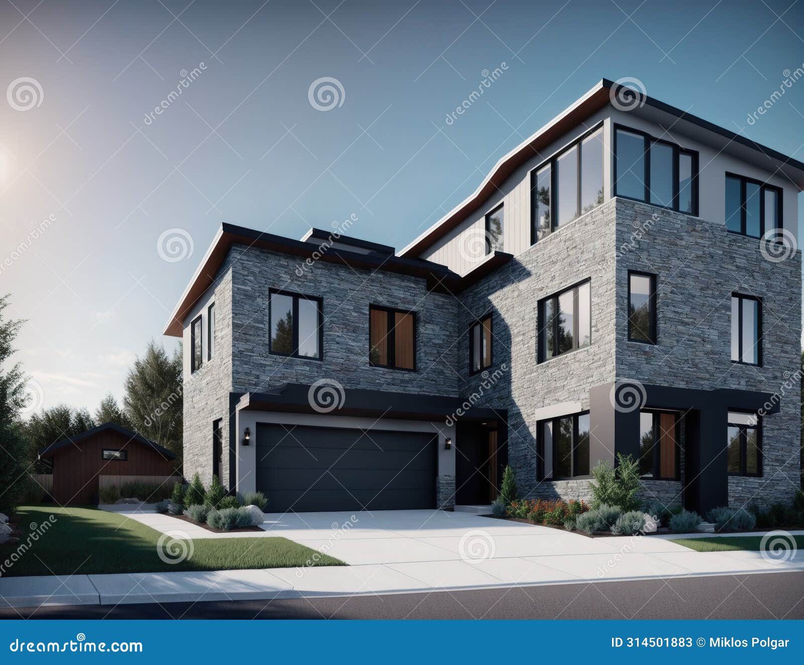 A Rendering of a Modern Home with a Sloping Roof and Large Windows ...