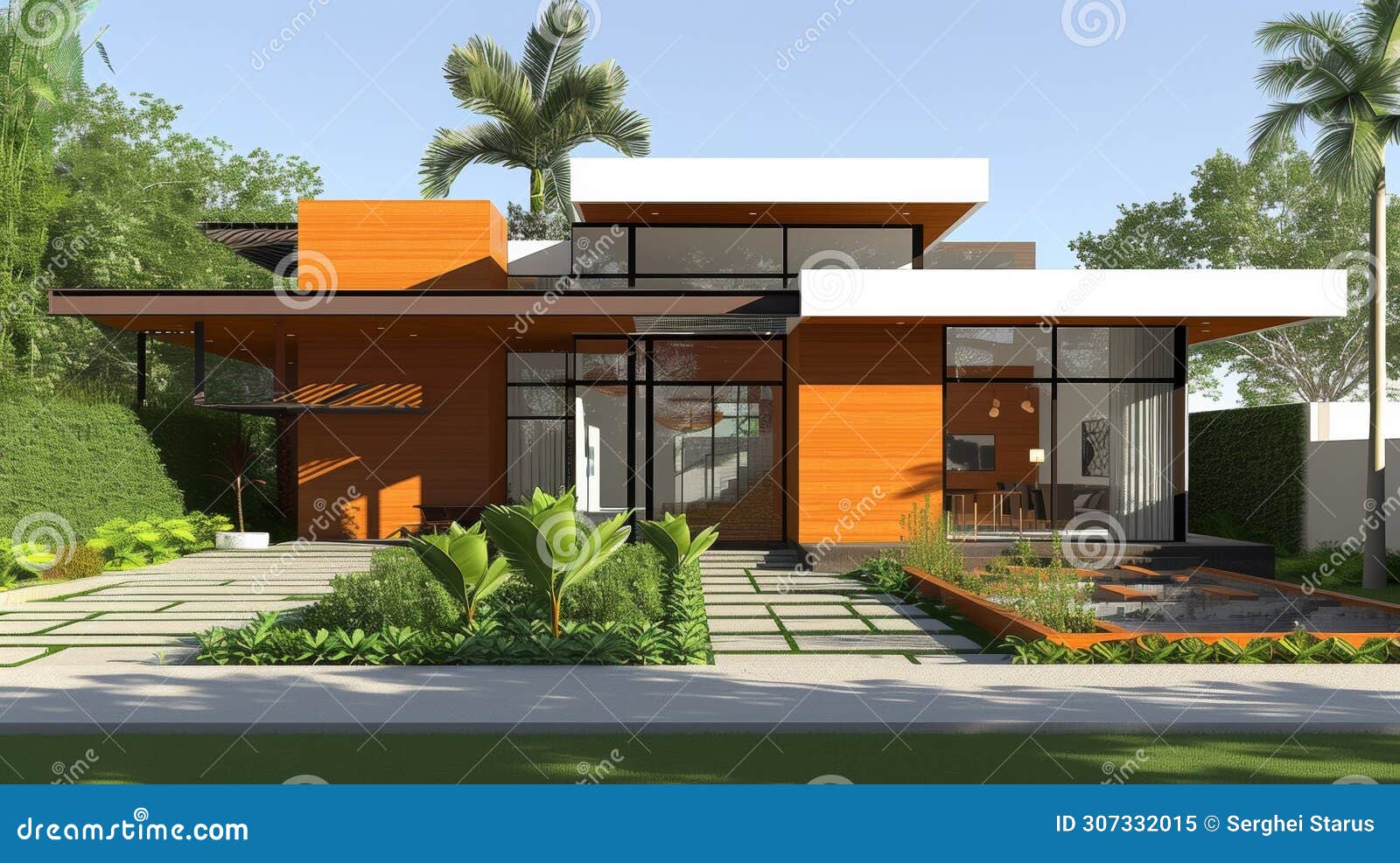 A Rendering of a Modern House with Trees and Plants in Front, AI Stock ...