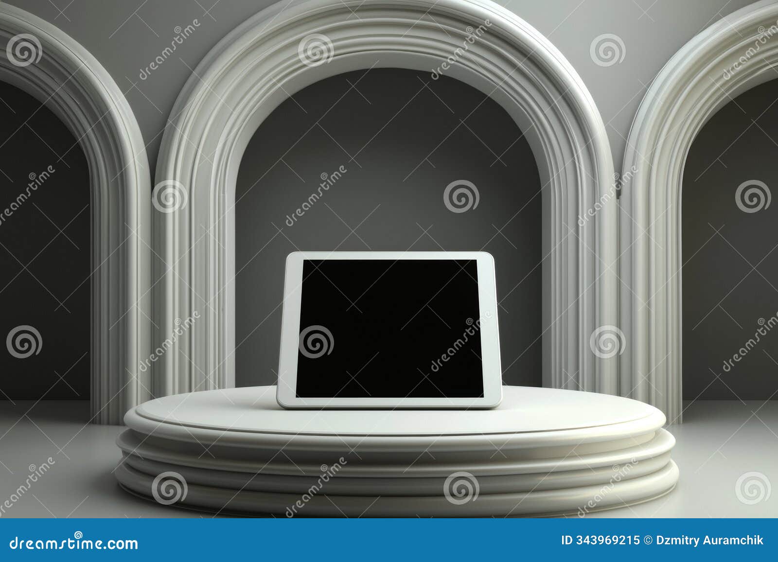 Rendering of Modern Tablet on Illuminated Platform. Stock Image - Image ...