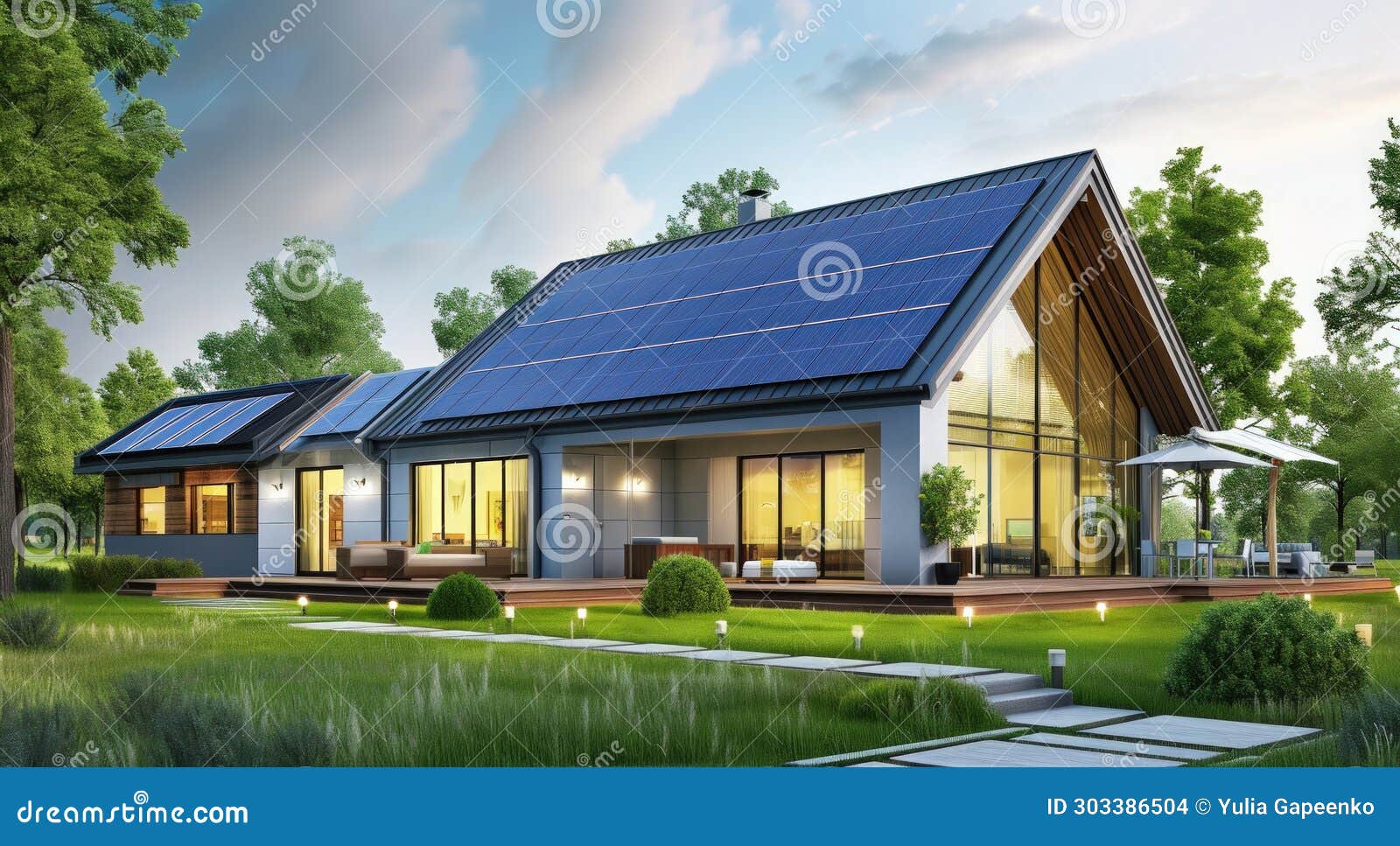 Rendering of Solar Panel House on Front Lawn Stock Photo - Image of ...