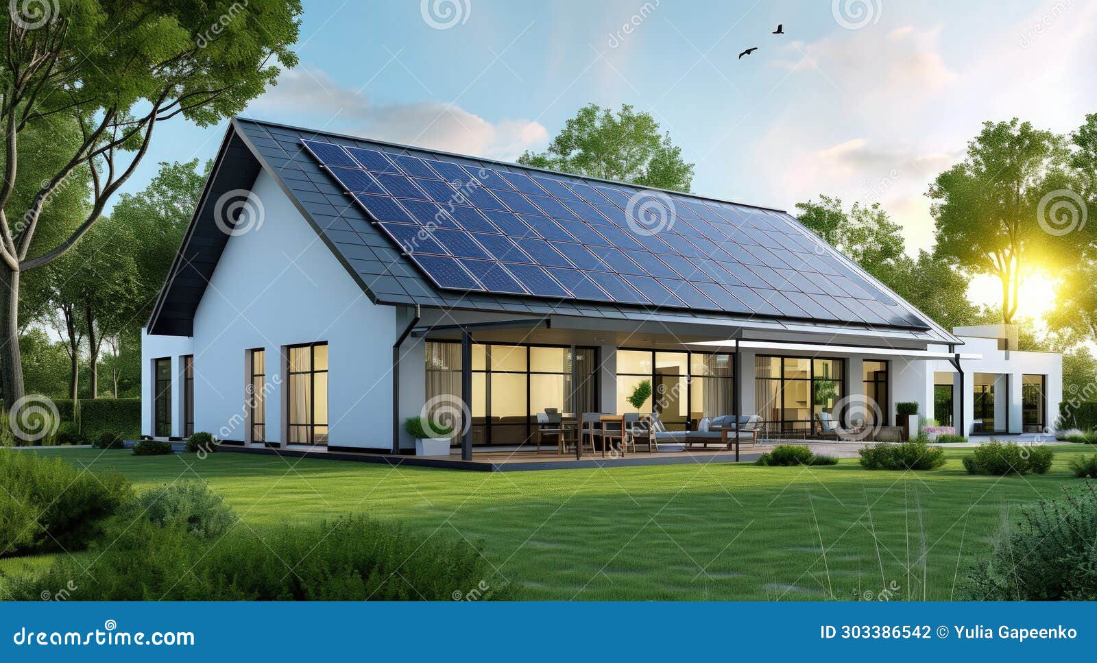 Rendering of Solar Panel House on Front Lawn Stock Photo - Image of ...