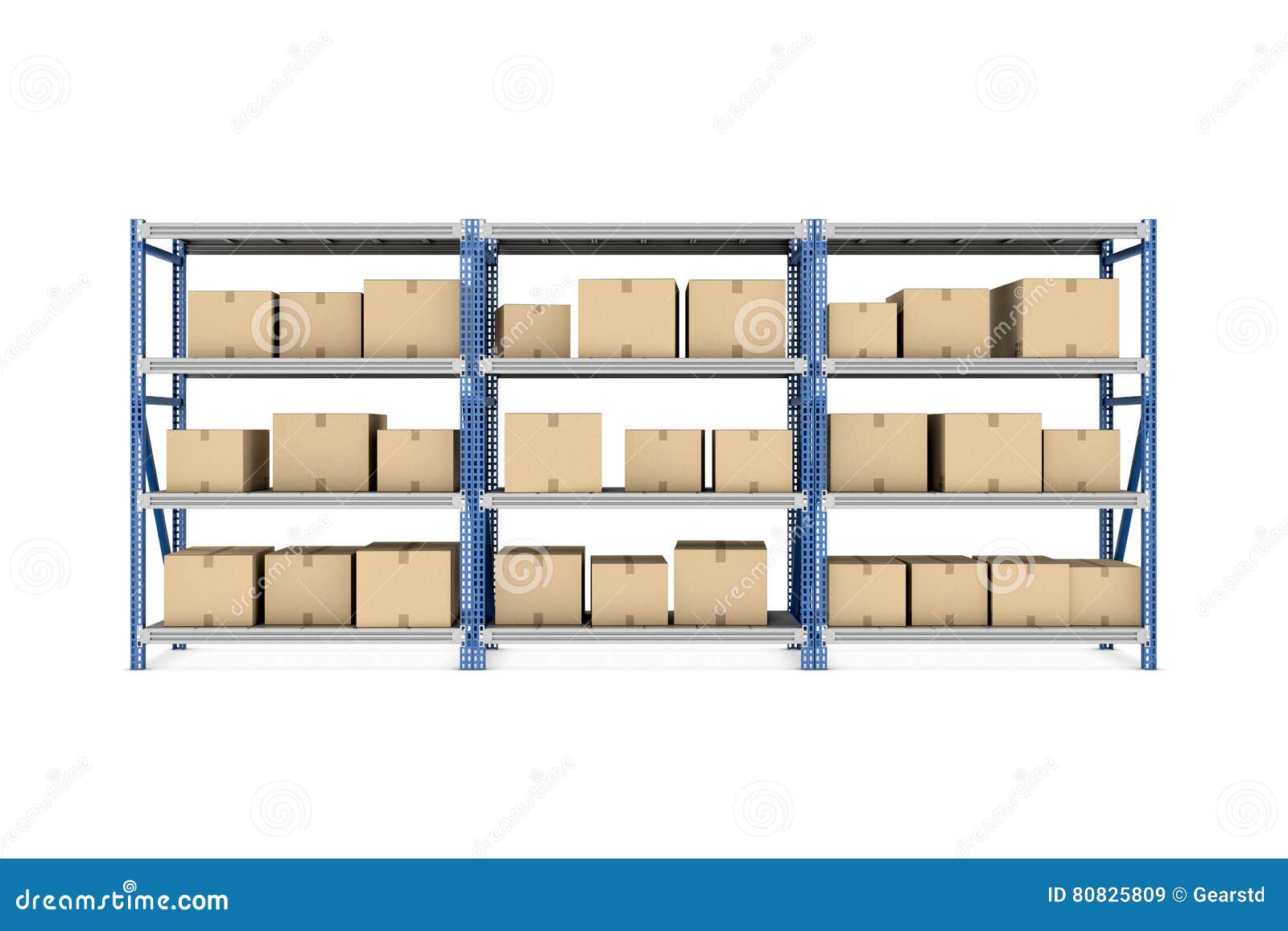 Rendering Three Metal Racks Put Together with Beige Cardboard Boxes of ...