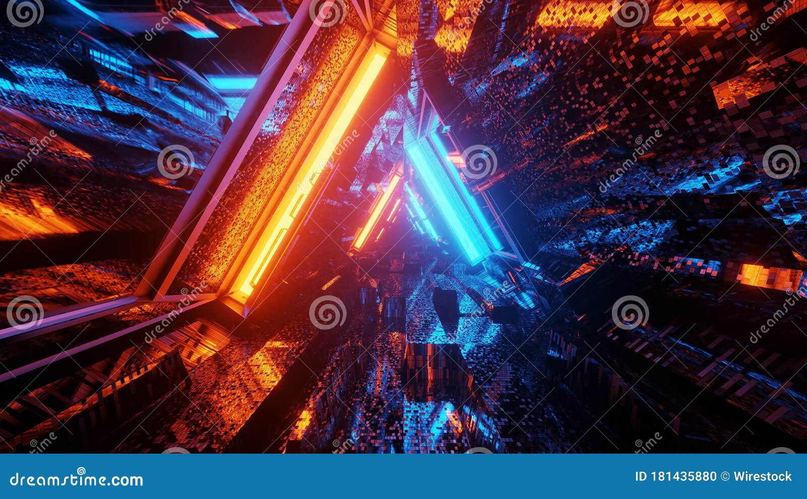 Rendering of Trippy Triangular Hallway Illustration in Blue and Orange ...