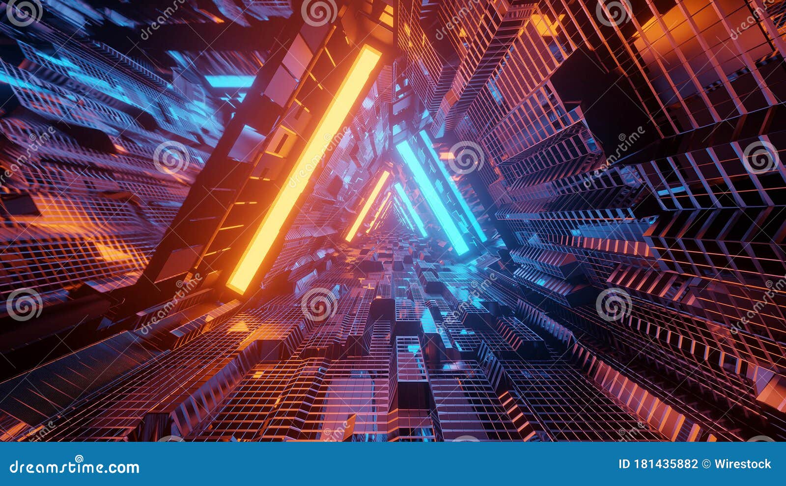 Rendering of Trippy Triangular Hallway Illustration in Blue and Orange ...