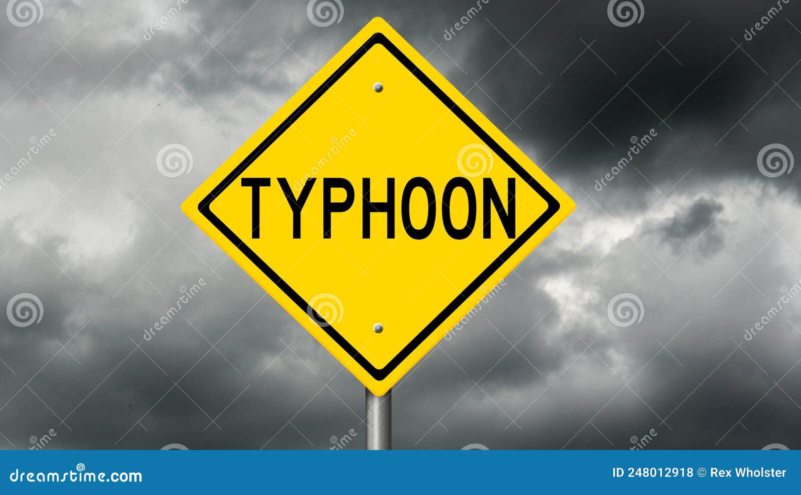 Yellow Typhoon Warning Sign and Dark Clouds Stock Photo - Image of risk ...